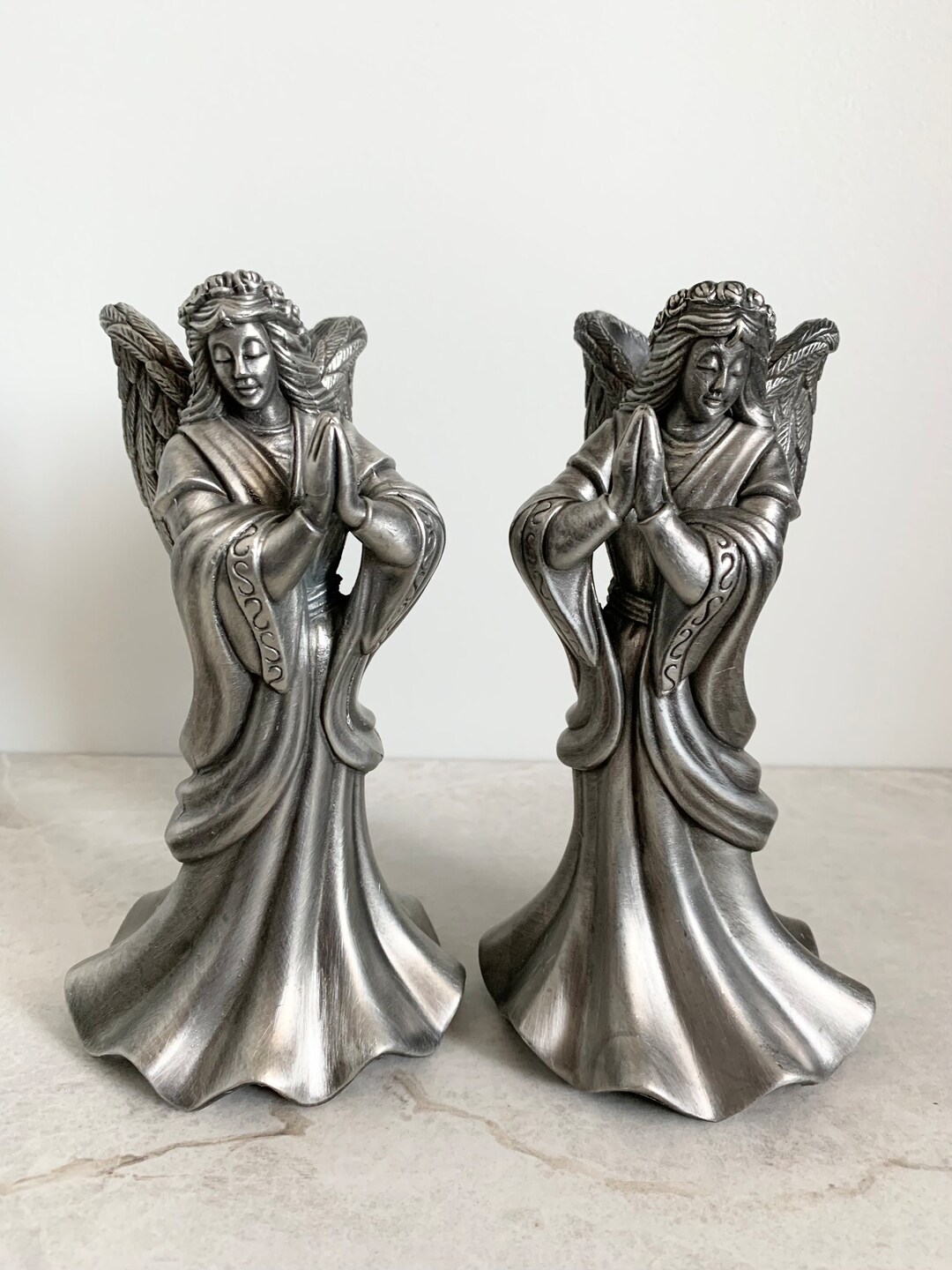 Pair of Pewter Angel Candleholders, Vintage Angelic Candlestick Holders ...