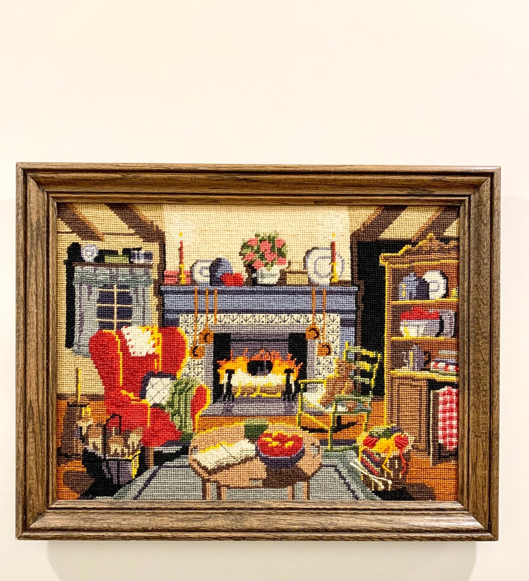 Needlepoint Framed Warm Winter Fireplace Scene, Eclectic Vintage Hand ...