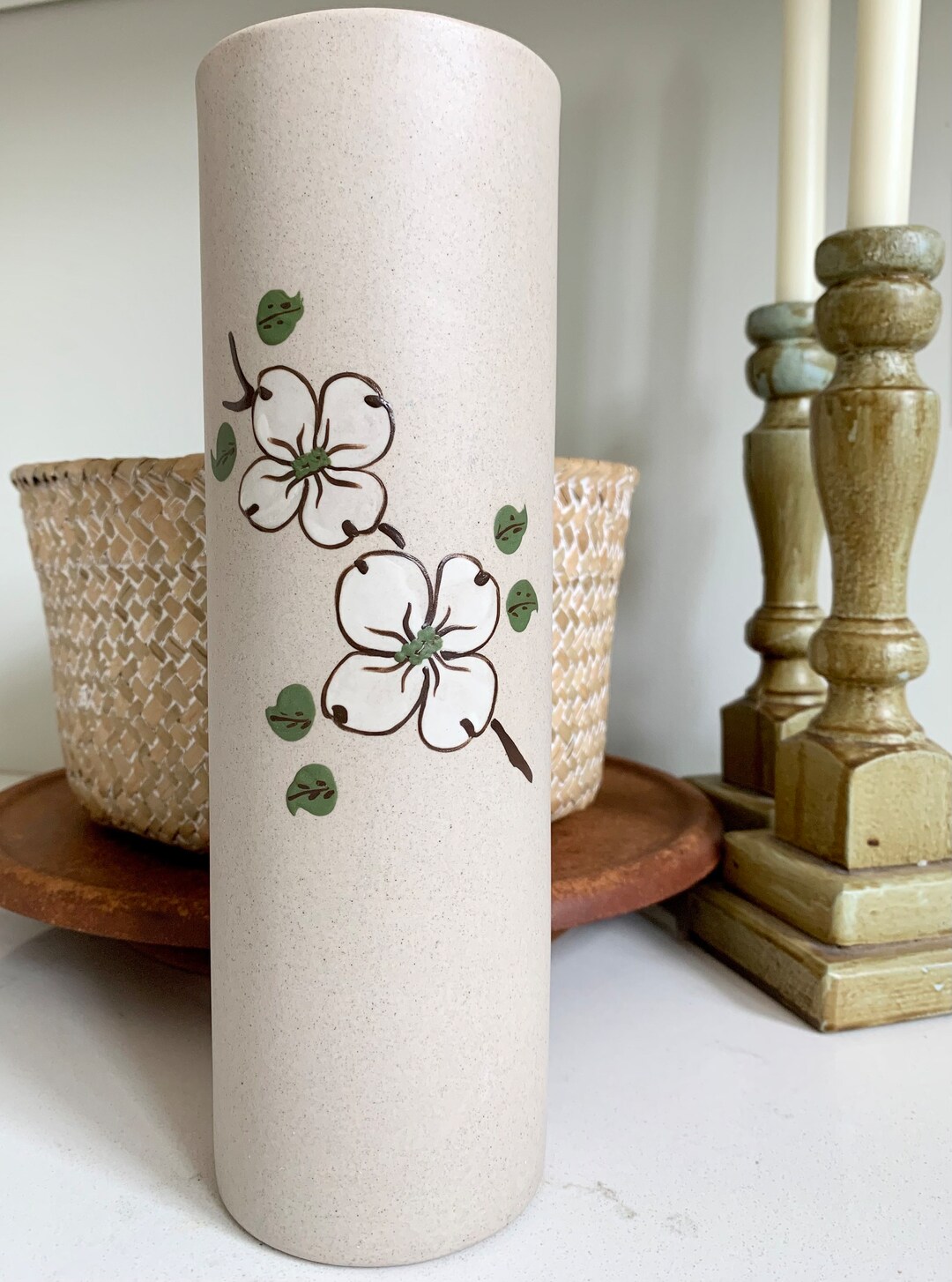 Vintage Dogwood Vase, Modern Farmhouse Earthware, Cottagecore, Signed ...