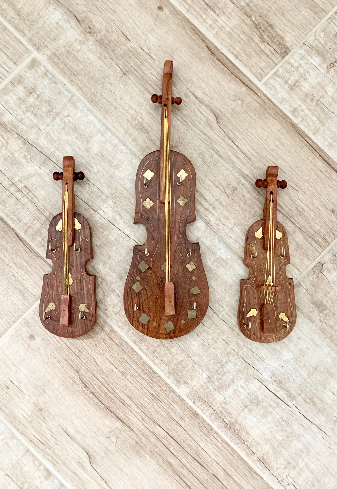 Trio of Vintage Wood & Brass Inlay Musical Instruments, MCM Wall Decor ...