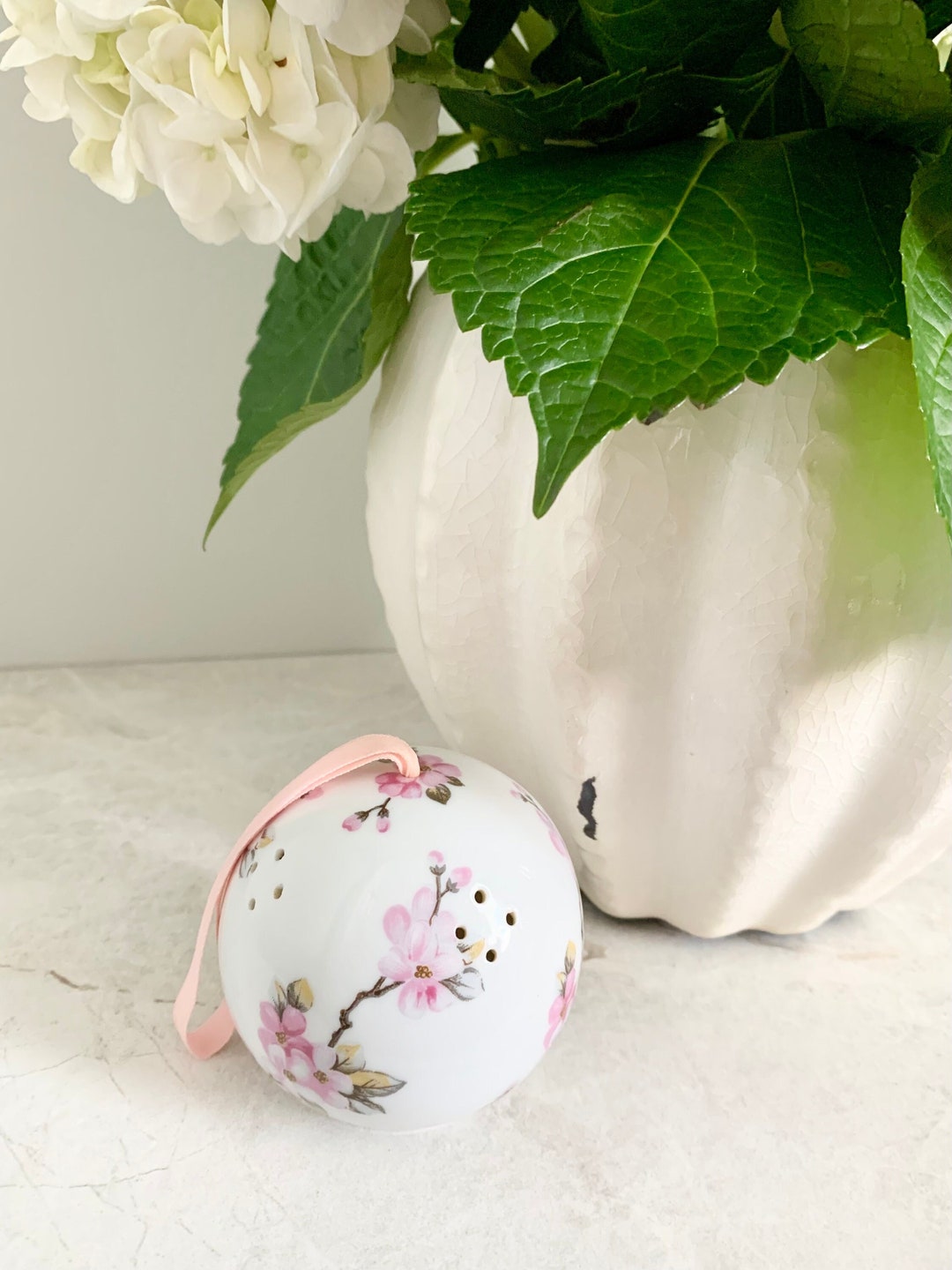 Ceramic Pomander Ornament With Pink Dogwood, Vintage Refillable Hanging ...