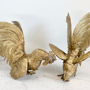 Two Vintage Brass Fighting Roosters, Brass Cockerels, Mid Century ...