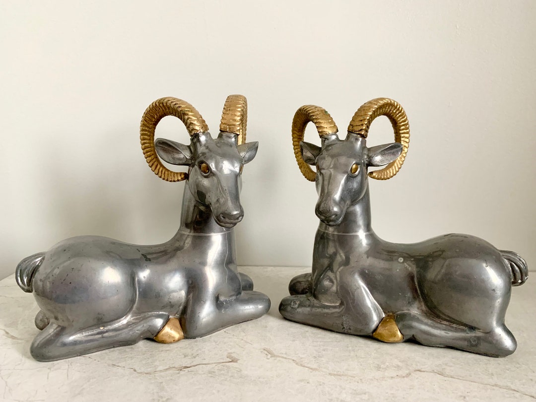 Vintage Ram Bookends, Pewter and Brass Statues, Vintage Christmas Decor ...