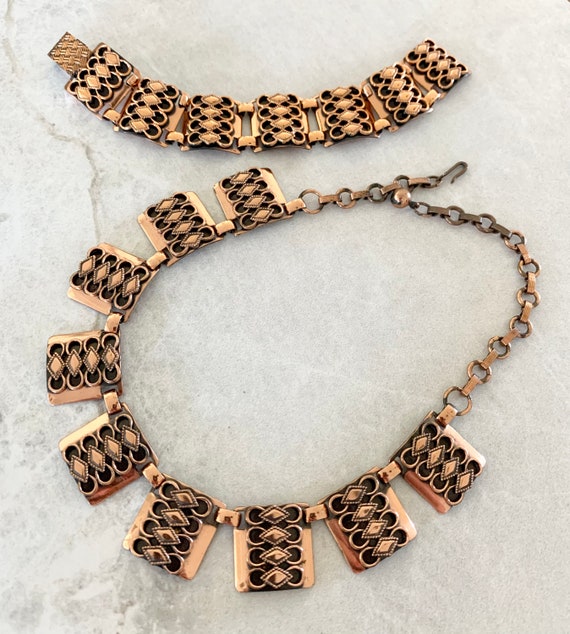 Vintage Geometric Copper Necklace and Matching Bracel… - Gem