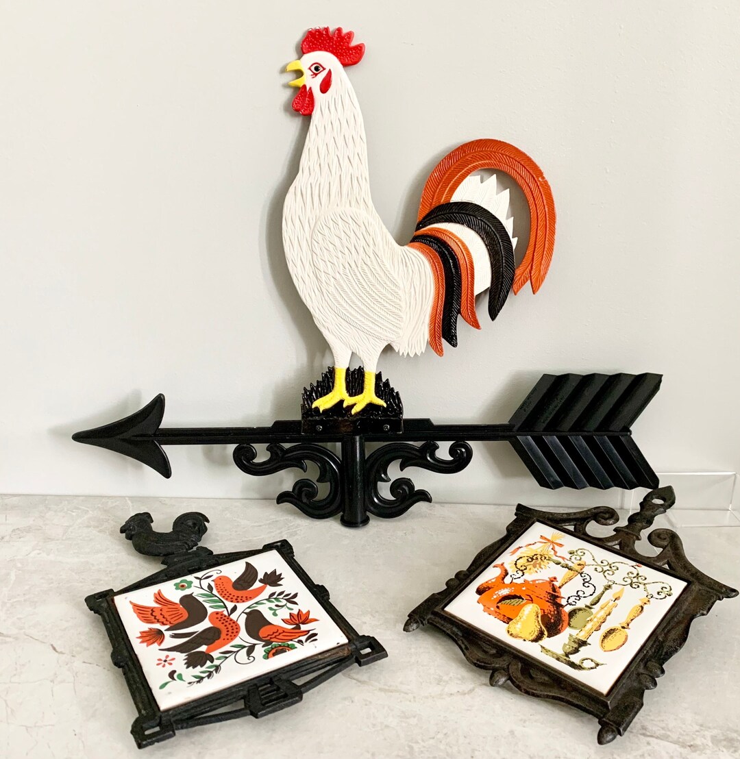 Vintage Rooster Weathervane & Cast Iron Trivets: Farmhouse Decor Set - Etsy