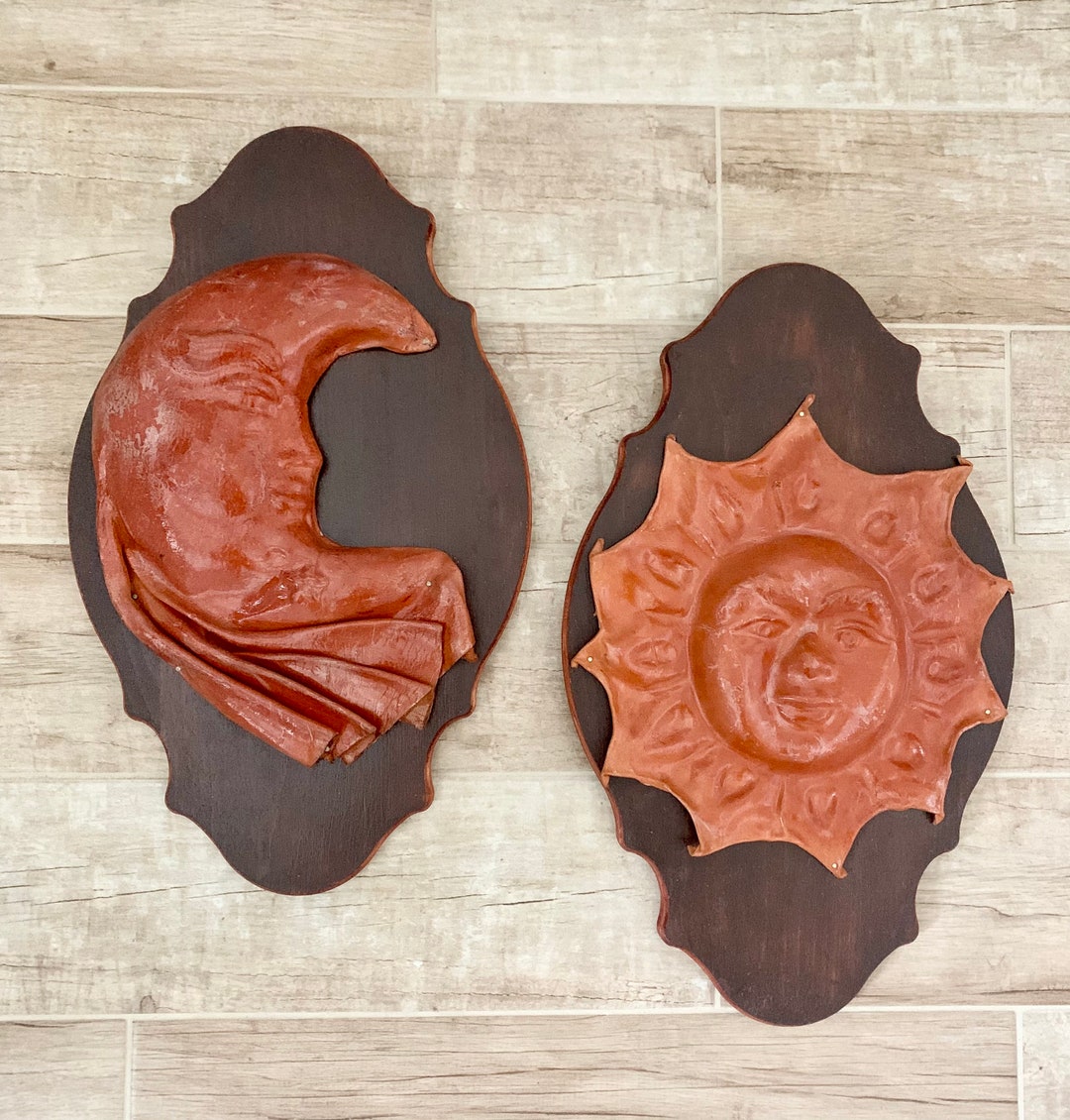 Sun and Moon Leather Wall Plaques, Vintage Celestial Wall Hanging Duo ...