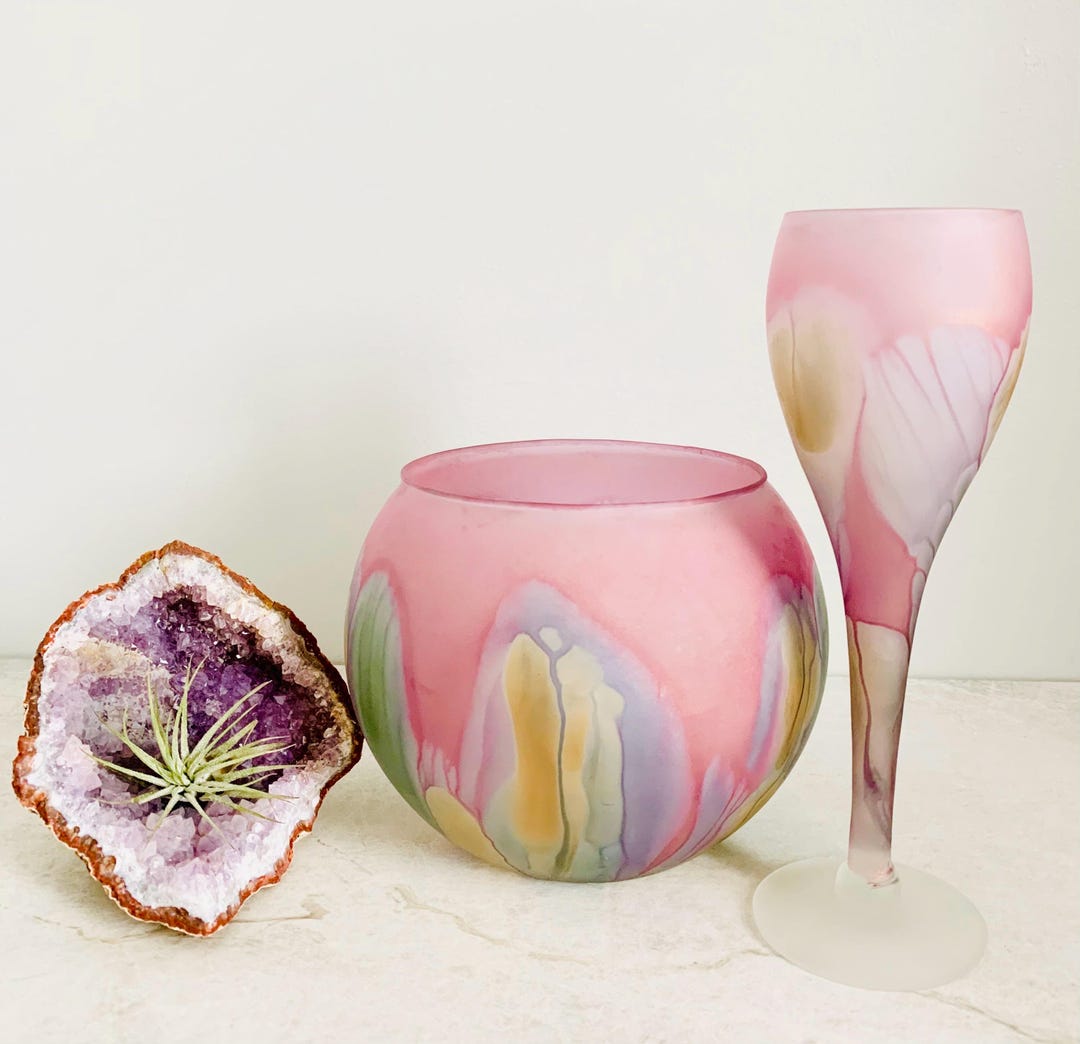 Vintage RUEVEN Art Glass Set: Hand Painted Frosted Vase and Goblet - Etsy