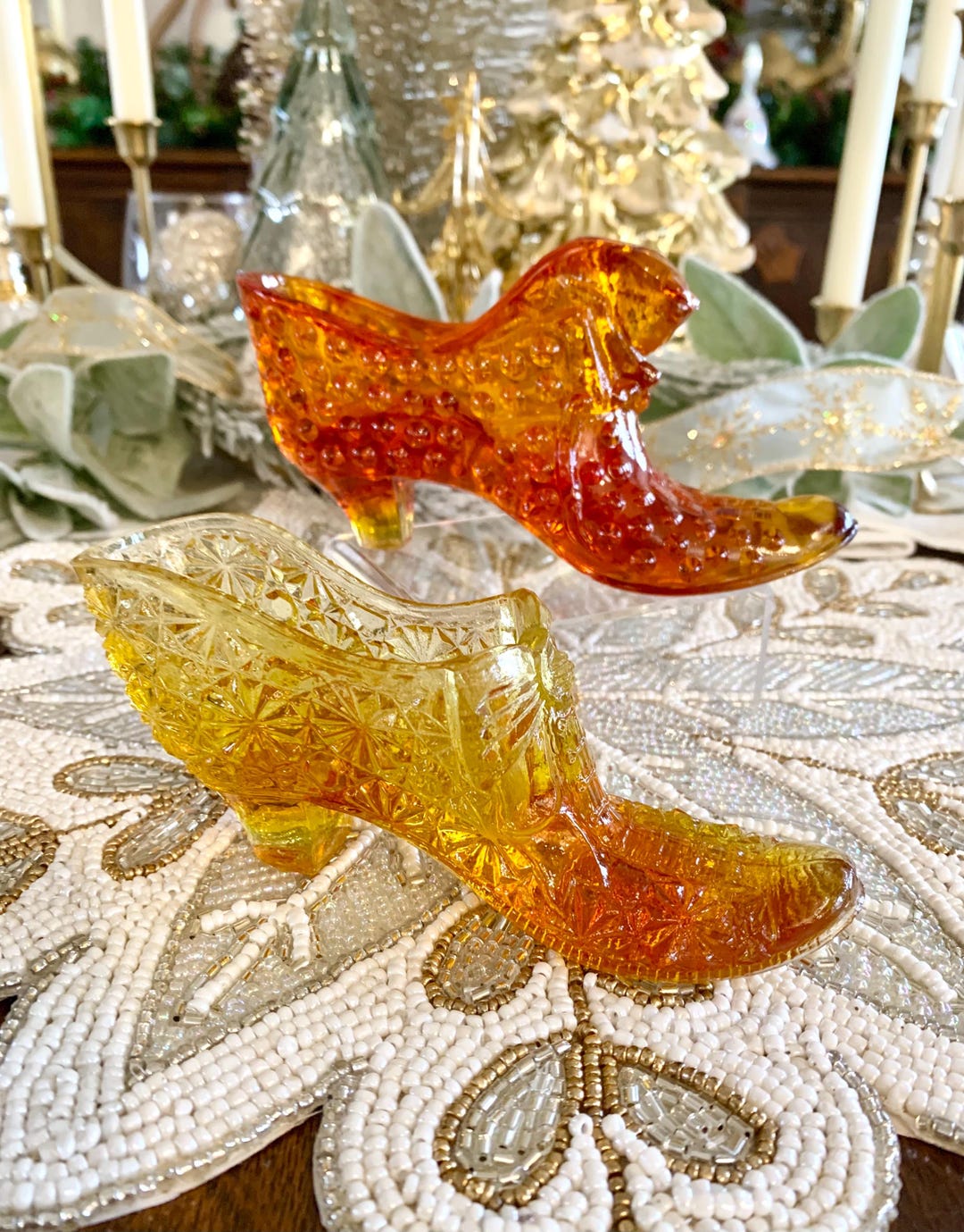 Decorative Amberina Glass Shoes, Unbranded Retro Glass Boots, Eclectic ...
