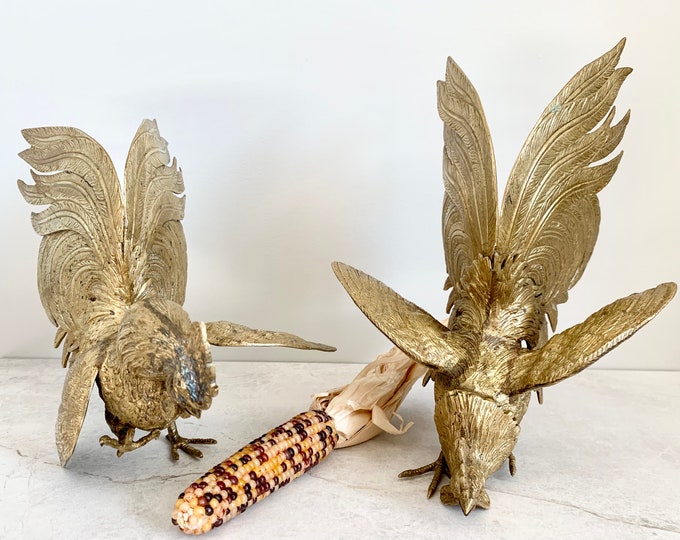 Two Vintage Brass Fighting Roosters, Brass Cockerels, Mid Century ...