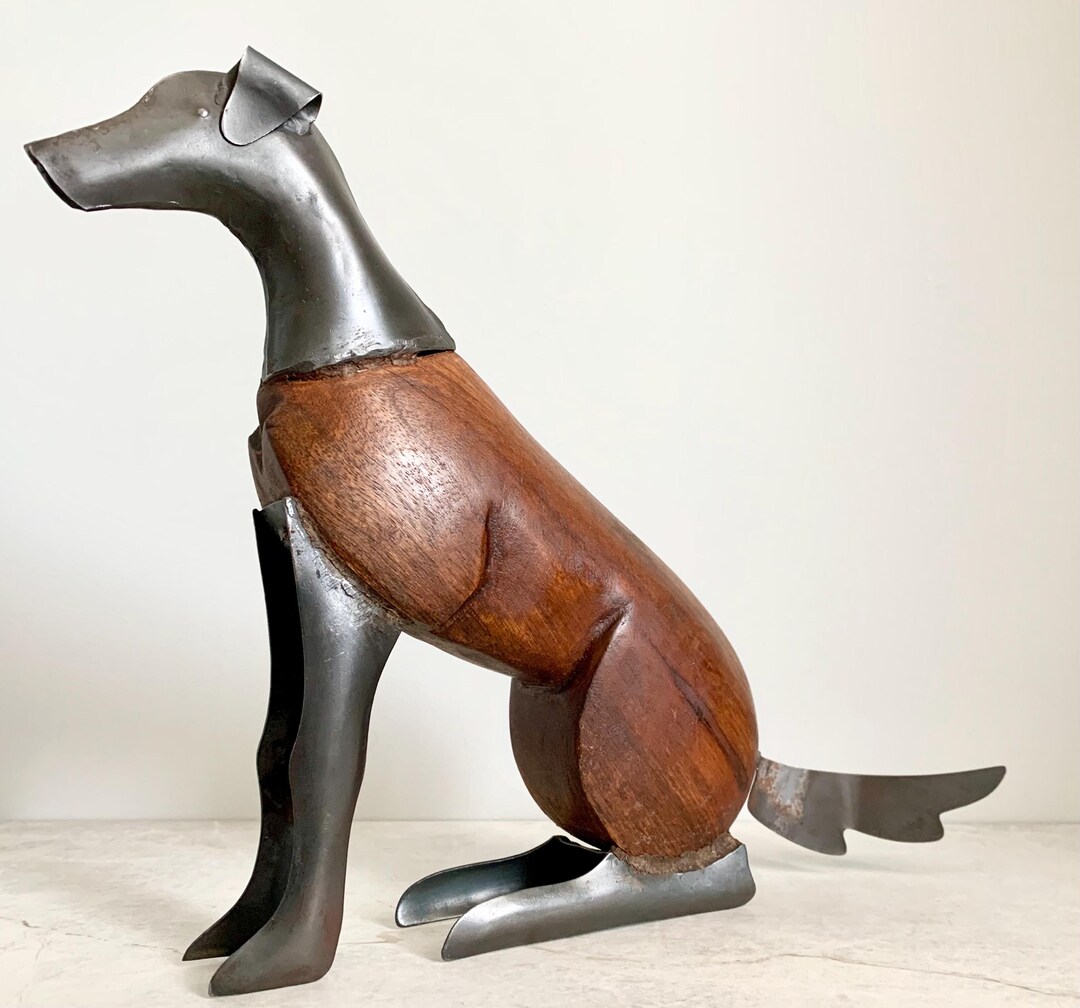 Vintage Handcrafted Wooden Dog Sculpture, Rustic Mid Century Dog Statue ...