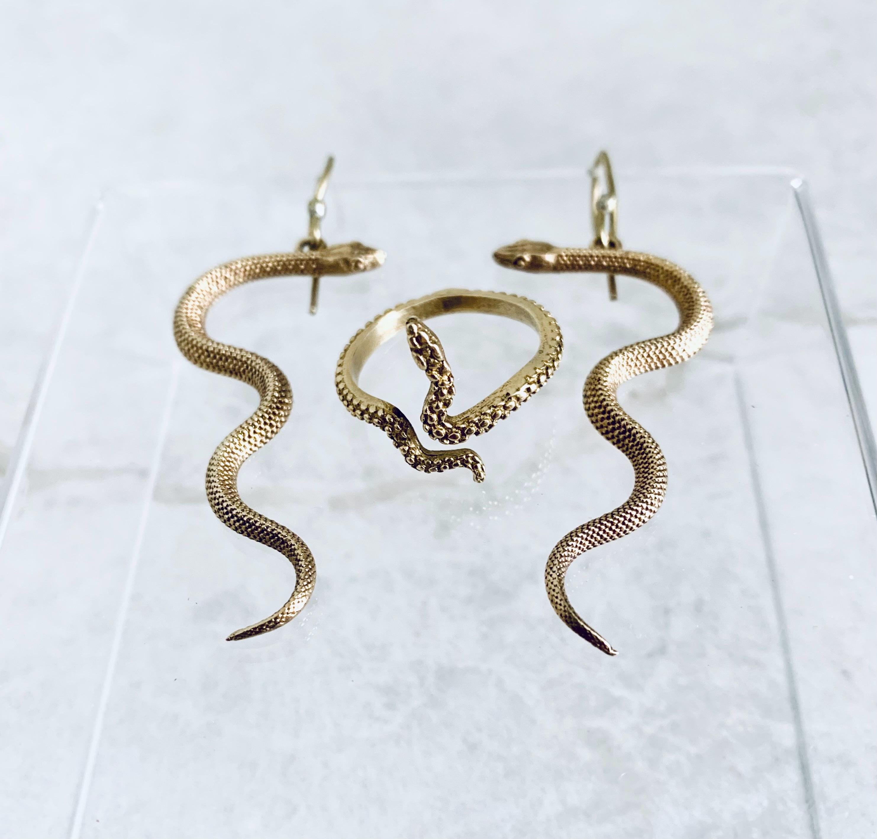 Vintage Brass Snake Jewelry, Boho Snake Earrings and Adjustable Ring ...