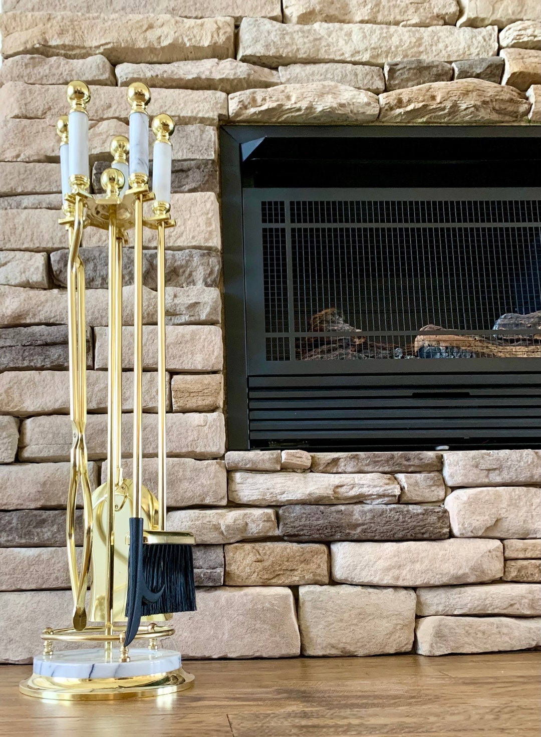 Brass Fireplace Tool Set With White Marble, Vintage Fireplace Decor ...
