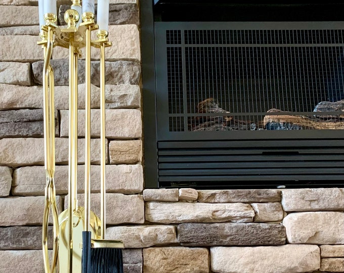 Brass Fireplace Tool Set With White Marble, Vintage Fireplace Decor ...