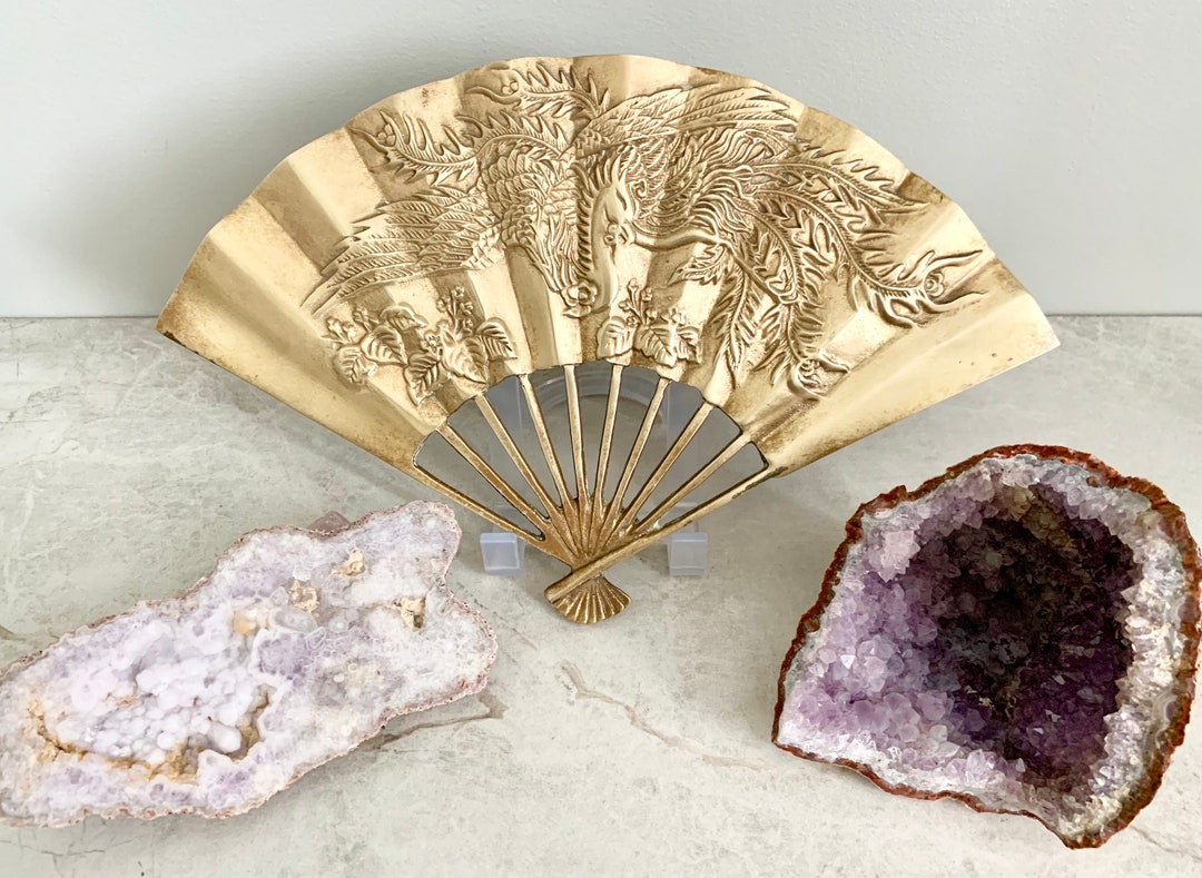 Vintage Brass Wall Fan With Embossed Phoenix or Dragon, Ornate Hanging ...