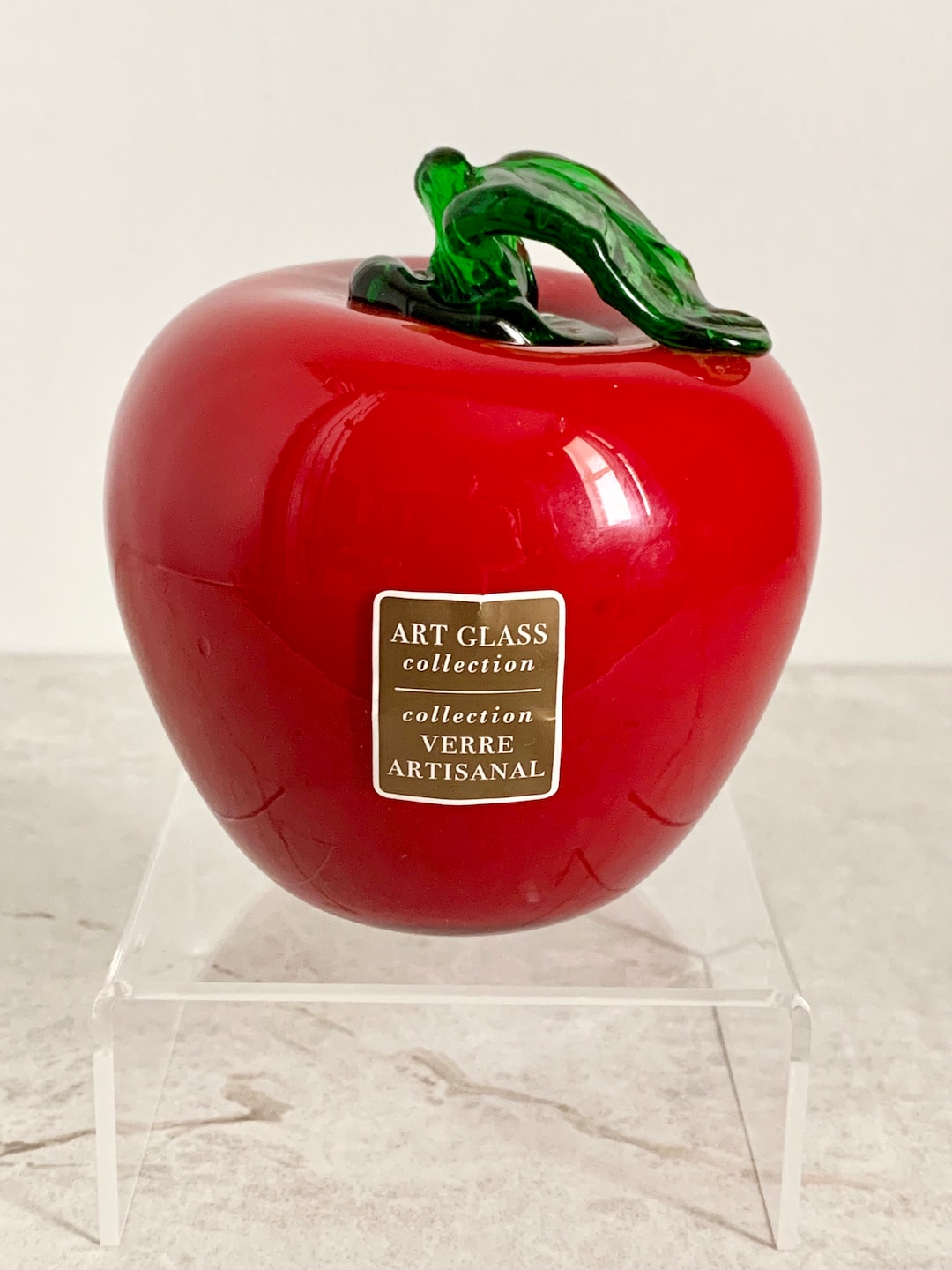 Red Glass Apple With Green Stem, Vintage Kitchen Decor, Teacher Gift ...