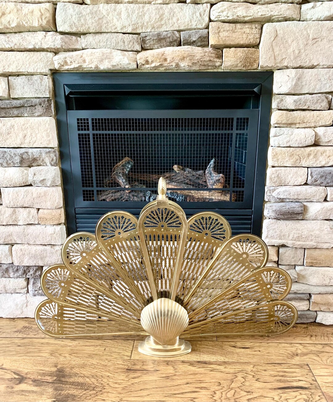 Vintage Brass Clamshell, Coastal Peacock Fireplace Folding Screen ...