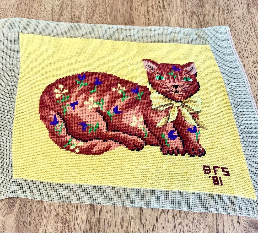 Kitten Needlepoint Unframed, Vintage Eclectic Hand Embroidery, One of a ...