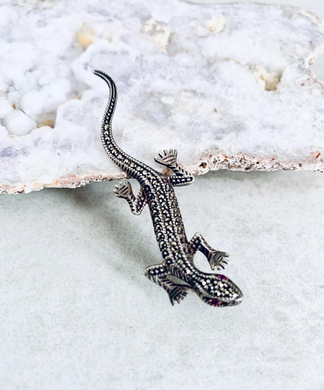 Vintage Sterling Silver Gecko Brooch, Lizard Pin, Eclectic Marcasite ...