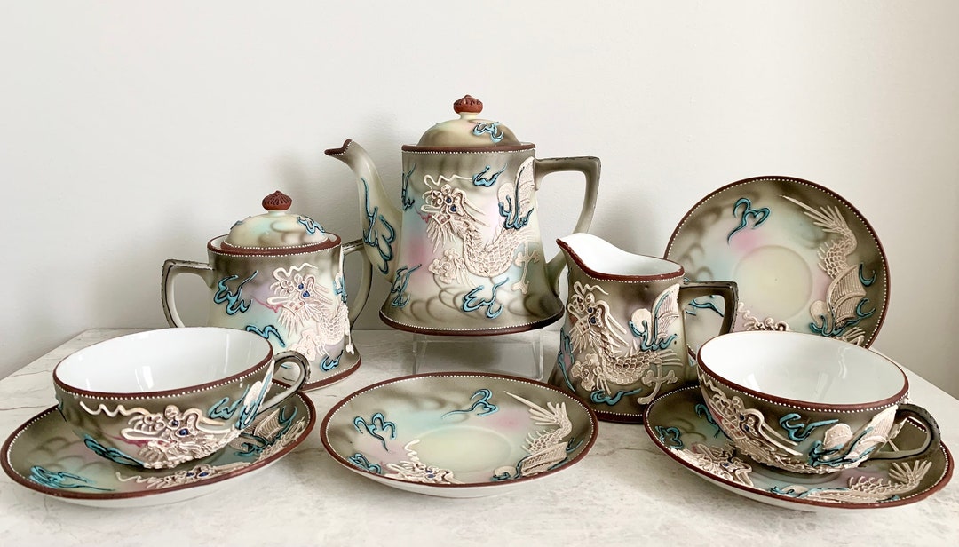 Vintage Japanese Moriage Dragonware, Hand Painted 9 Piece Coffee/tea ...