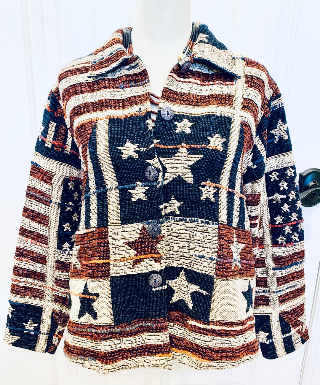 Patriotic Stars Stripes Jacket, Vintage 90s Coldwater Creek Tapestry ...