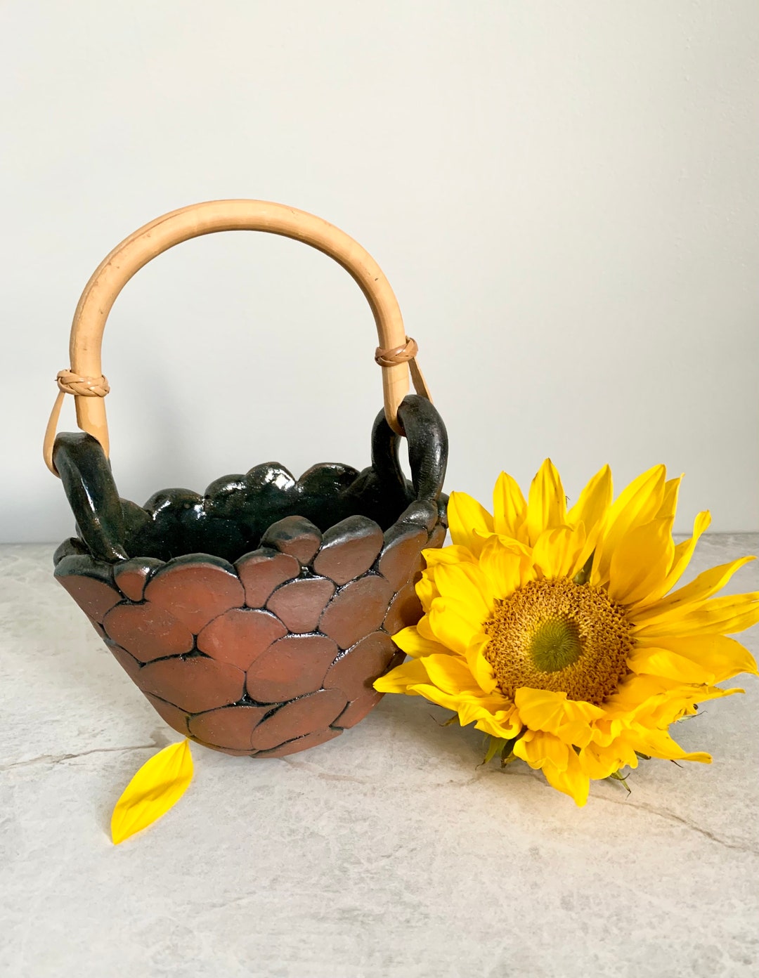 Signed Earthy Clay Basket: Handmade Vintage Pottery With Bamboo Handle ...