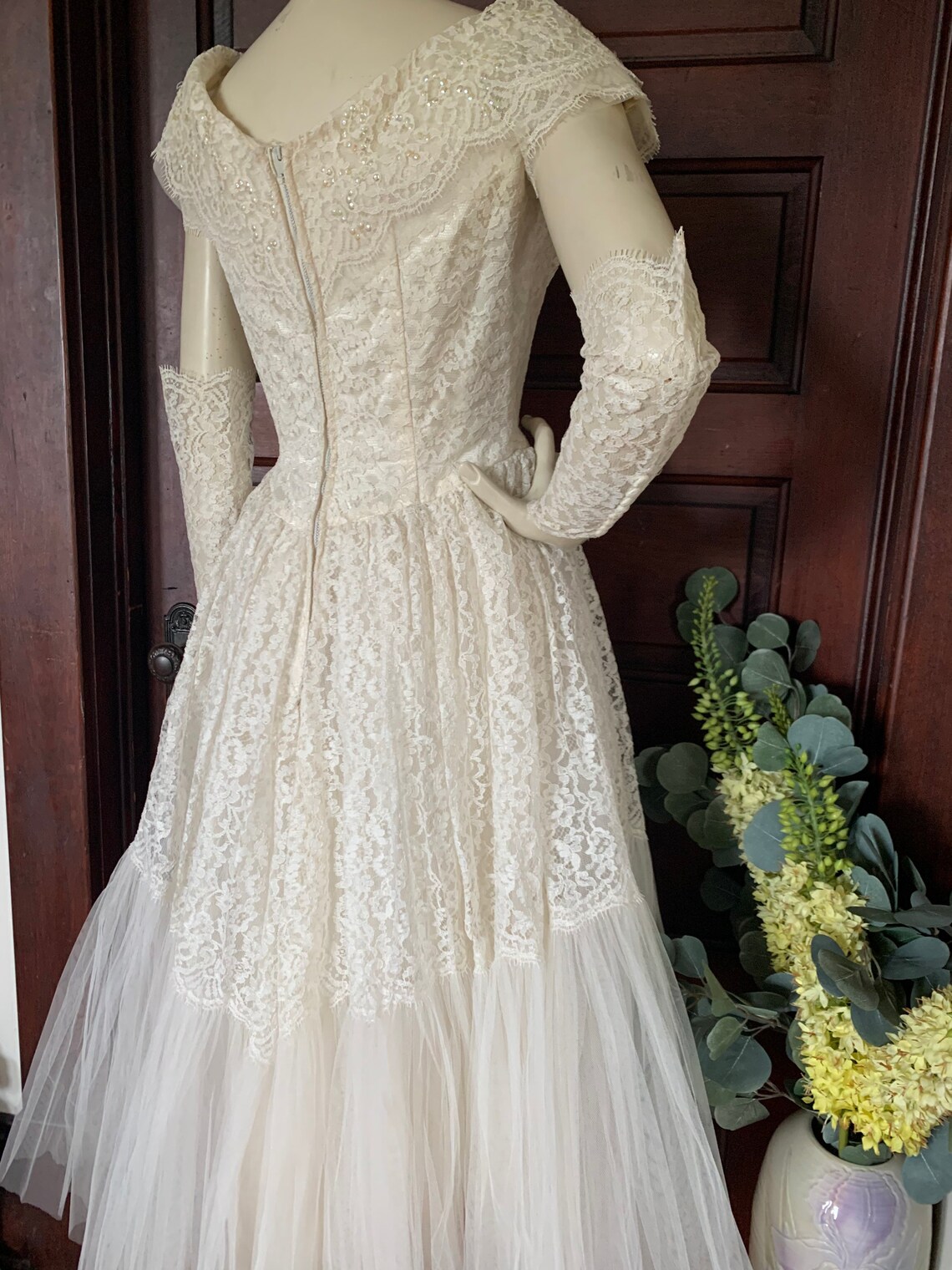 Vintage 1950s Tea Length Lace and Tulle Wedding Dress and - Etsy