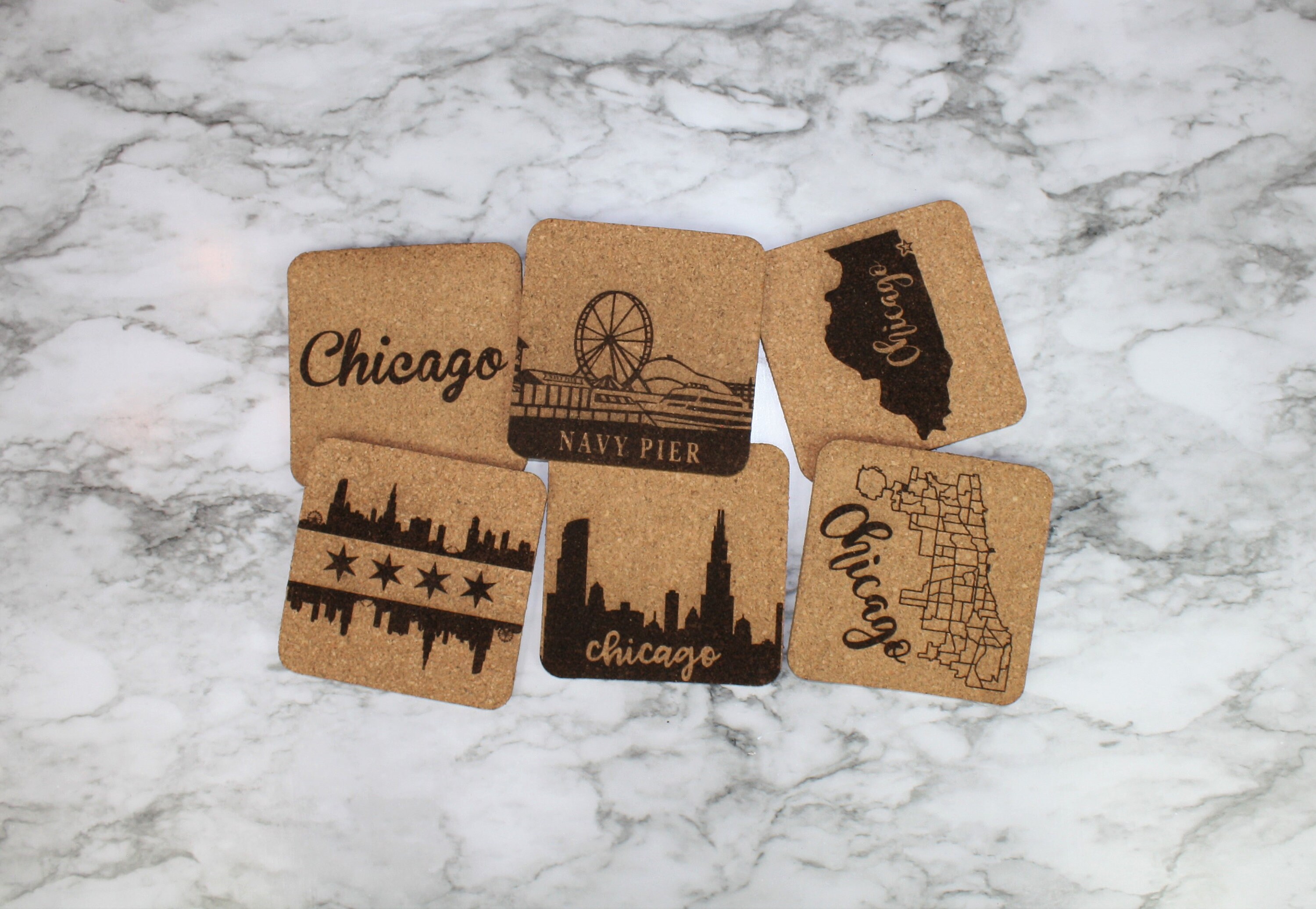 Chicago Themed Cork Coaster Set | Custom Engraved Coasters, Set of 6 ...