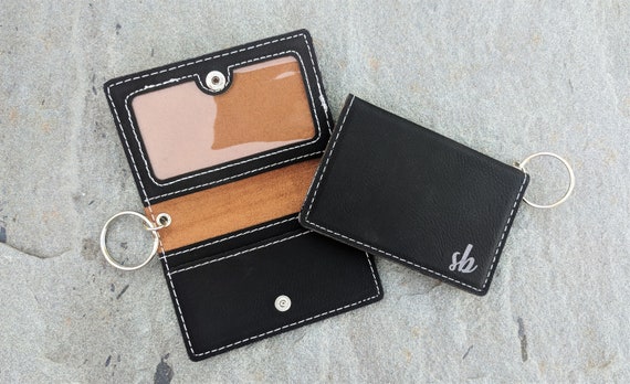 Monogram Initials Leather Keychain Wallet ID Card Holder | Etsy
