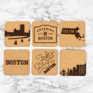 Boston Themed Cork Coaster Set | Custom Engraved Coasters, Set of 6 ...