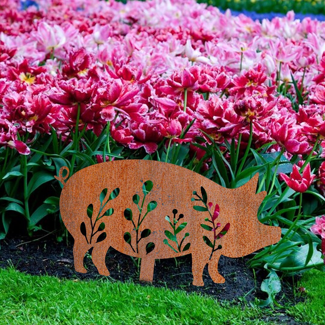 Pig Floral Metal Garden Stake Pigs | Raw Metal Patinas Over Time | Yard ...