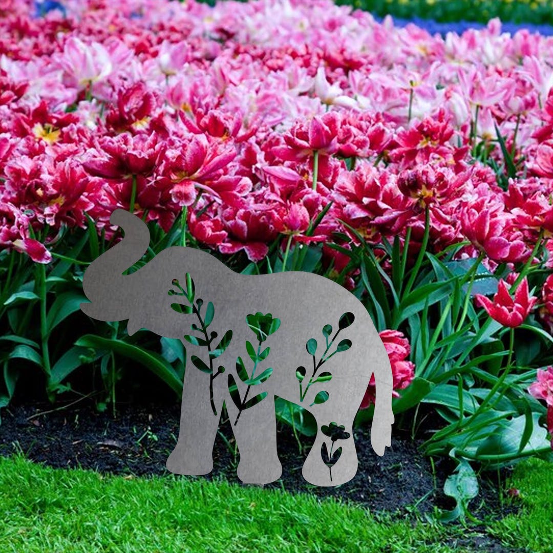 Elephant Floral Metal Garden Stake | Raw Metal Patinas Over Time | Yard ...