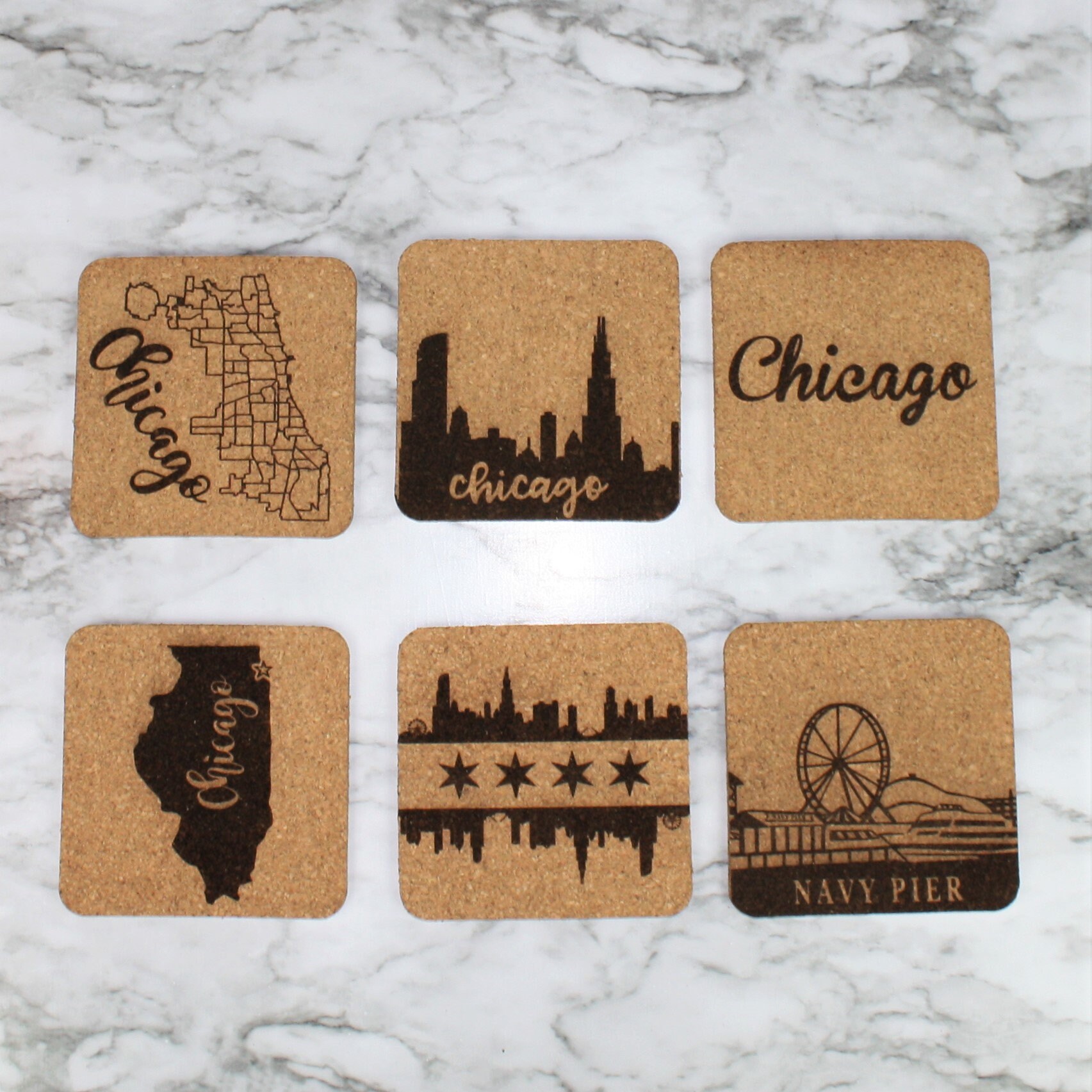 Chicago Themed Cork Coaster Set | Custom Engraved Coasters, Set of 6 ...