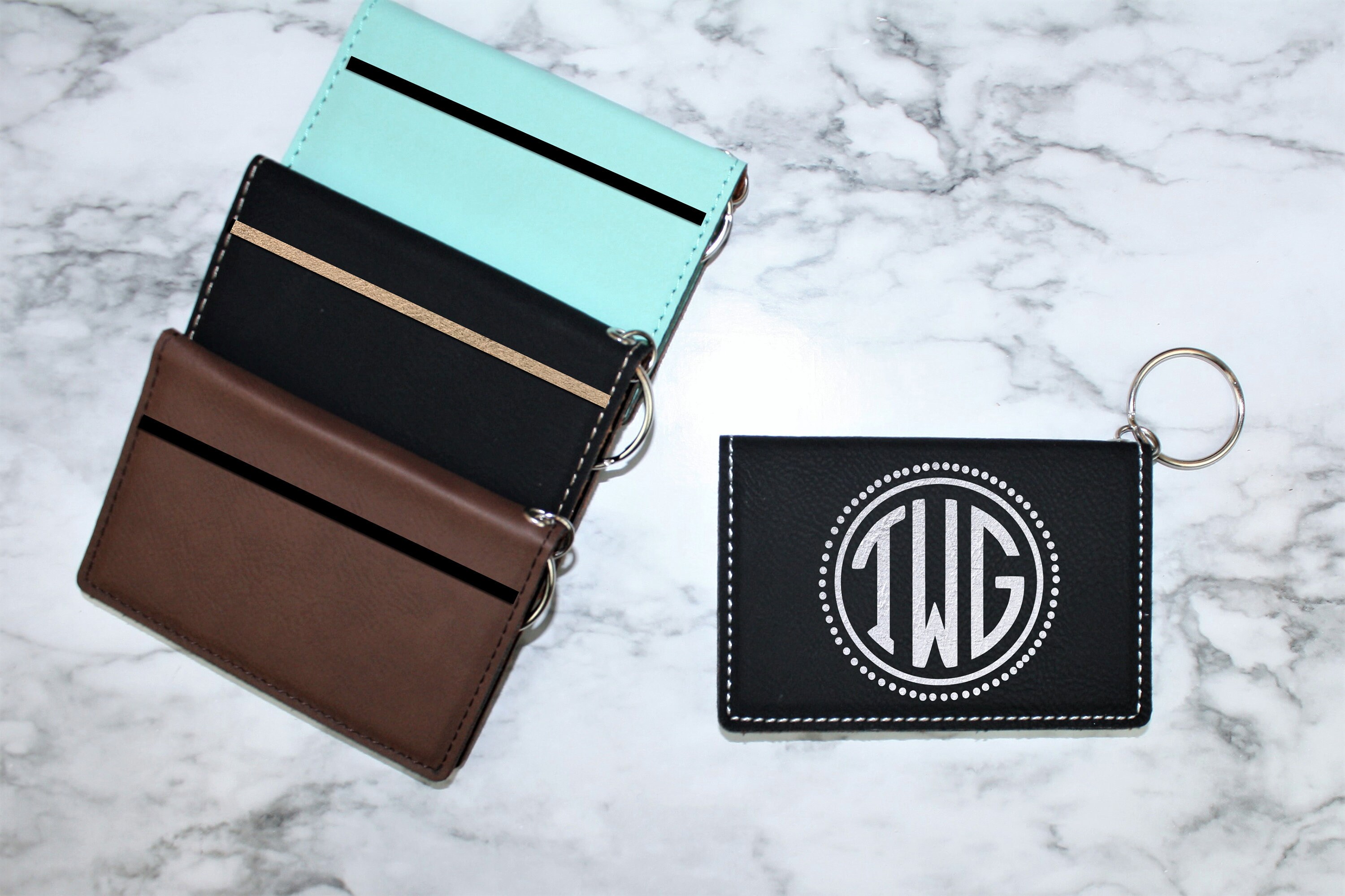 Monogram Leather Keychain Wallet ID Card Holder Black & | Etsy