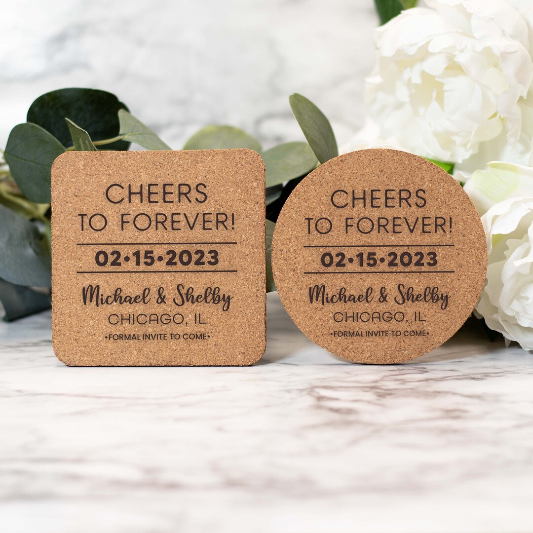 Cheers to Forever! Unique Save the Date Cork Coaster | Personalized ...