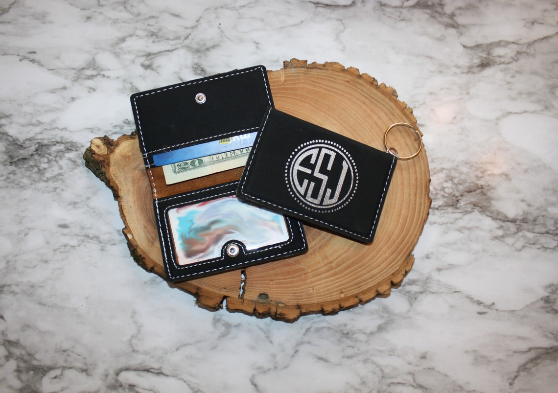 Monogram Leather Keychain Wallet ID Card Holder Black & | Etsy