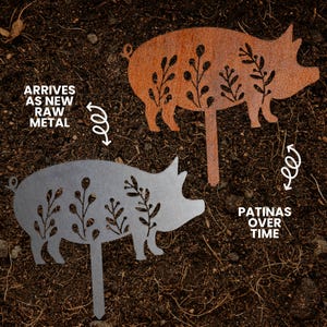Pig Floral Metal Garden Stake Pigs | Raw Metal Patinas Over Time | Yard ...