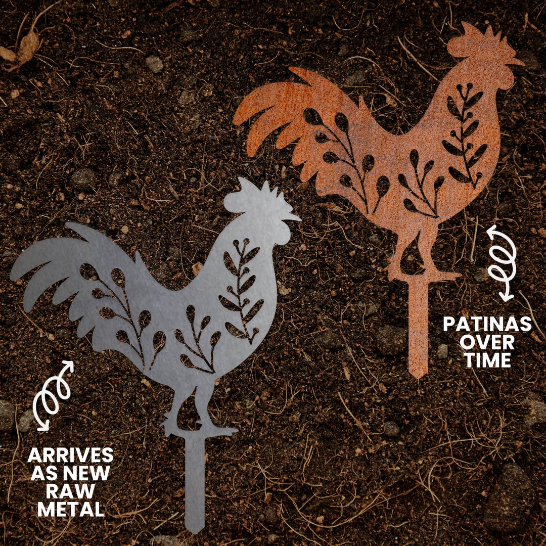 Rooster Floral Metal Garden Stake | Raw Metal Patinas Over Time | Yard ...