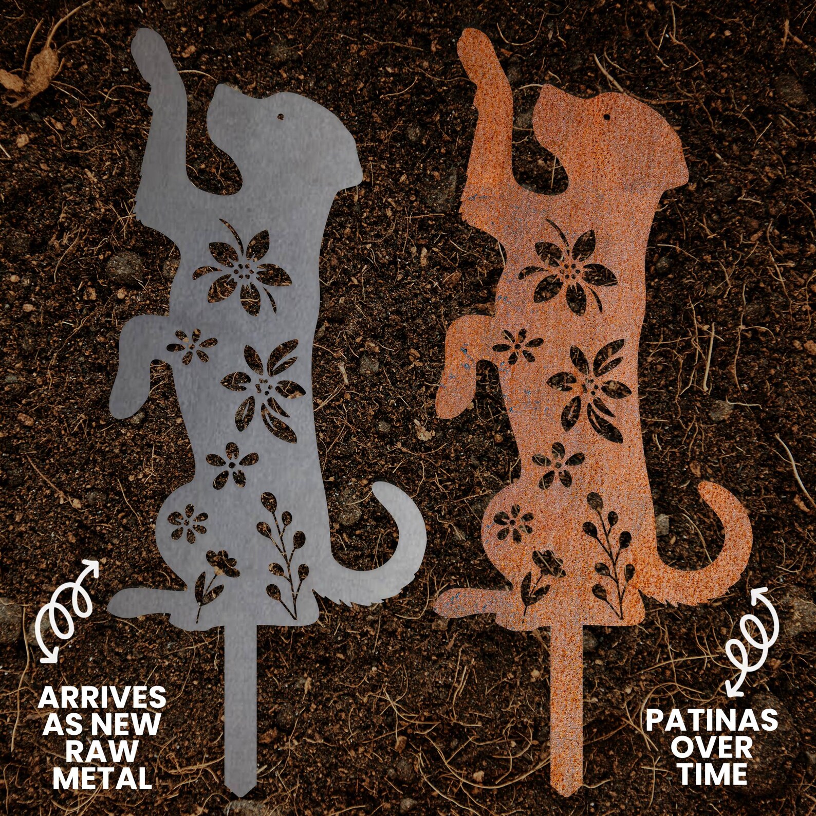 Dog Floral Metal Garden Stake Dogs Puppy | Raw Metal Patinas Over Time ...