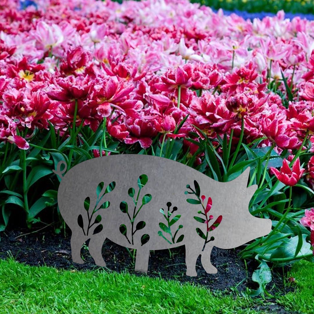 Pig Floral Metal Garden Stake Pigs | Raw Metal Patinas Over Time | Yard ...