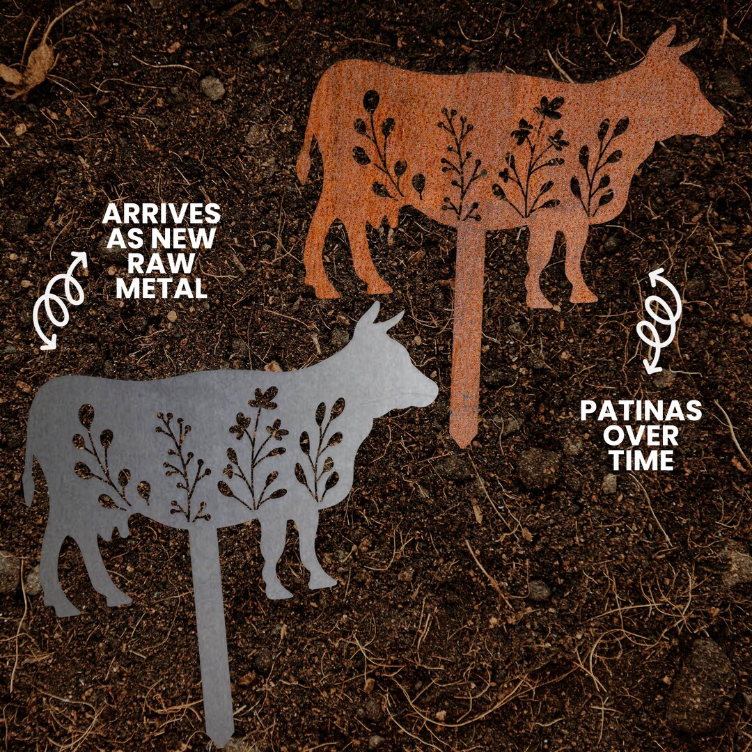 Cow Floral Metal Garden Stake Heifer | Raw Metal Patinas Over Time ...