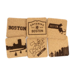 Boston Themed Cork Coaster Set | Custom Engraved Coasters, Set of 6 ...