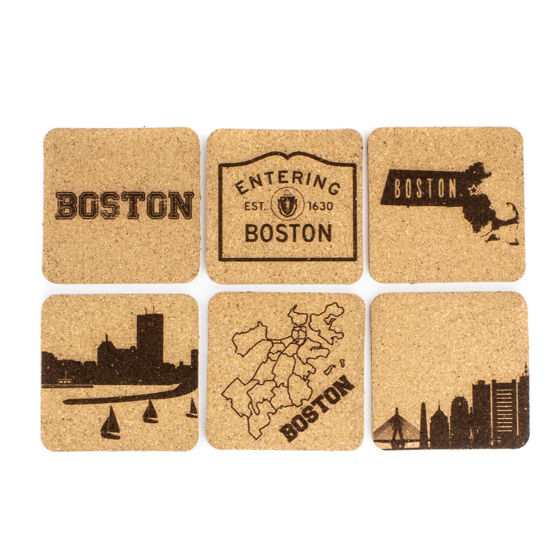 Boston Themed Cork Coaster Set | Custom Engraved Coasters, Set of 6 ...