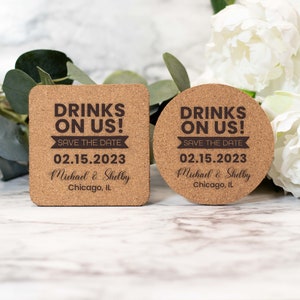 Drink on Us Funny Save the Date Cork Coaster | Personalized Custom ...
