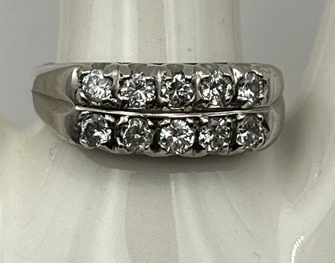 14K White Gold Two Row Diamond Band Ring Retro Mid-century Vintage ...