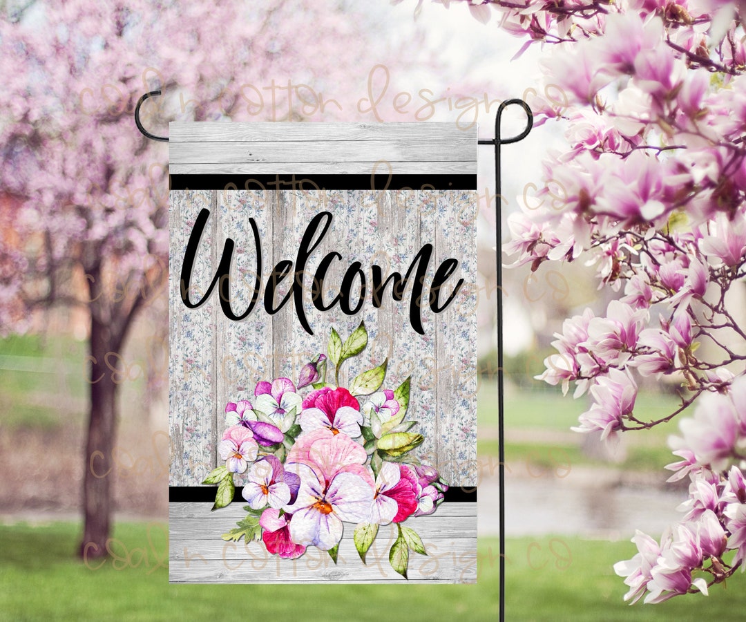 Welcome Pansy Garden Flag Template: Spring Floral Design (PNG, Digital ...