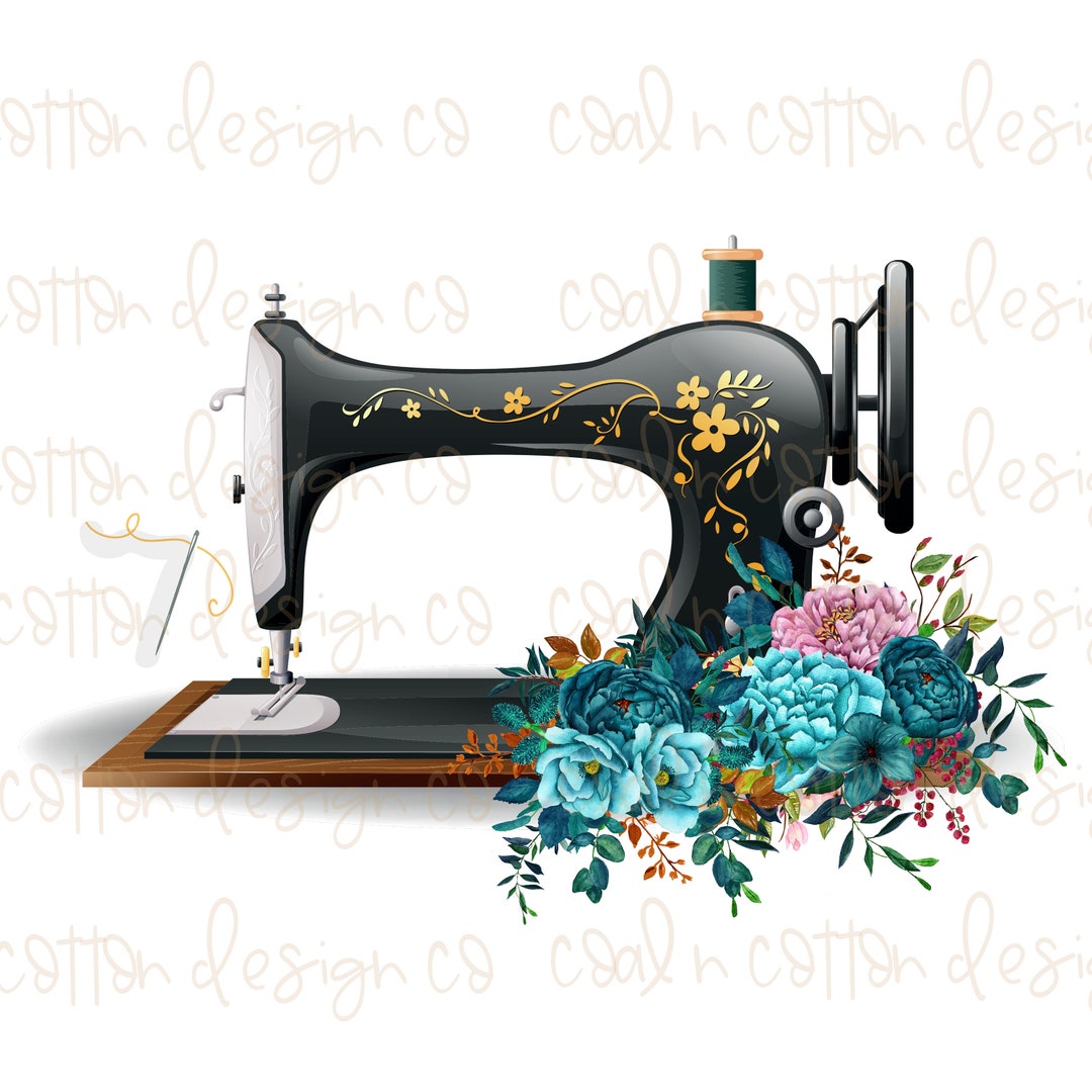 Teal Sewing Machine With Watercolor Flowers for Sublimation, Clipart ...