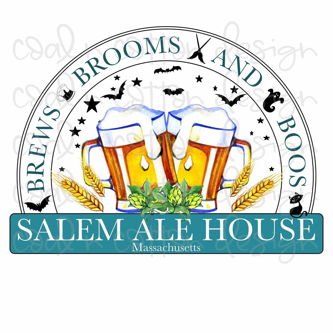 Brews Brooms and Boos Salem Ale House Teal Watercolor Fall - Etsy