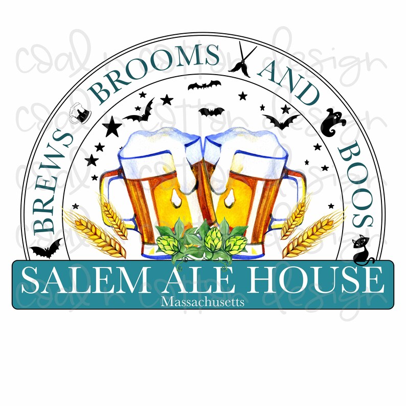 Brews Brooms and Boos Salem Ale House Teal Watercolor Fall - Etsy