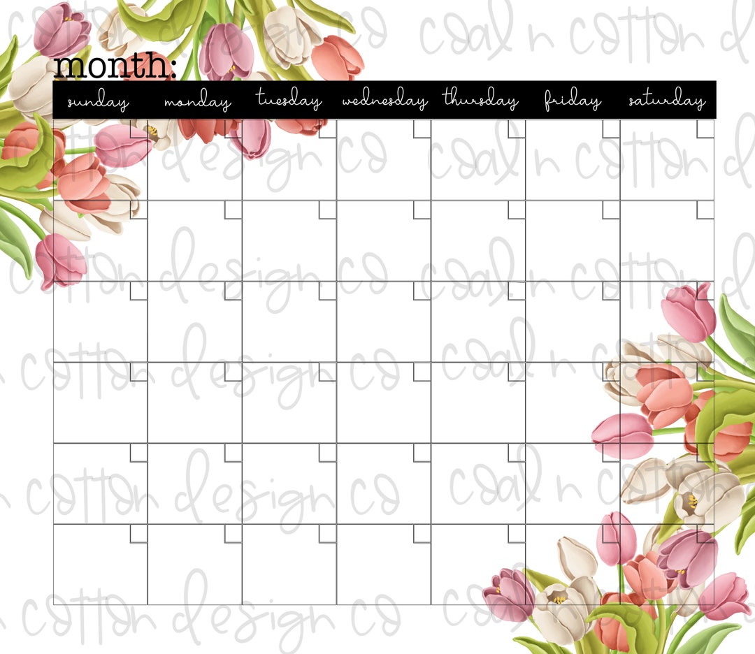 Tulip Calendar Template Watercolor Sublimation, Waterslide, Clipart ...