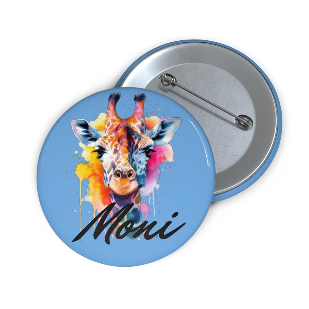 Watercolor Giraffe Pin Buttons, Custom Name Badge, Personalized Animal ...